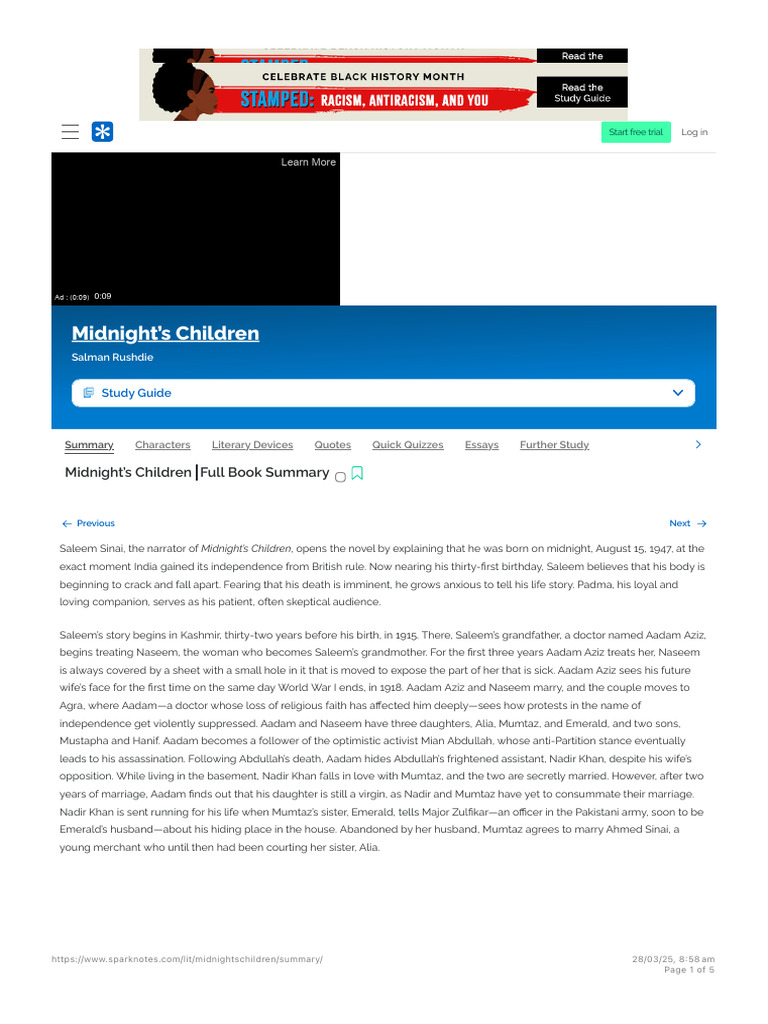 Midnight's Children - Full Book Summary - SparkNotes | PDF
