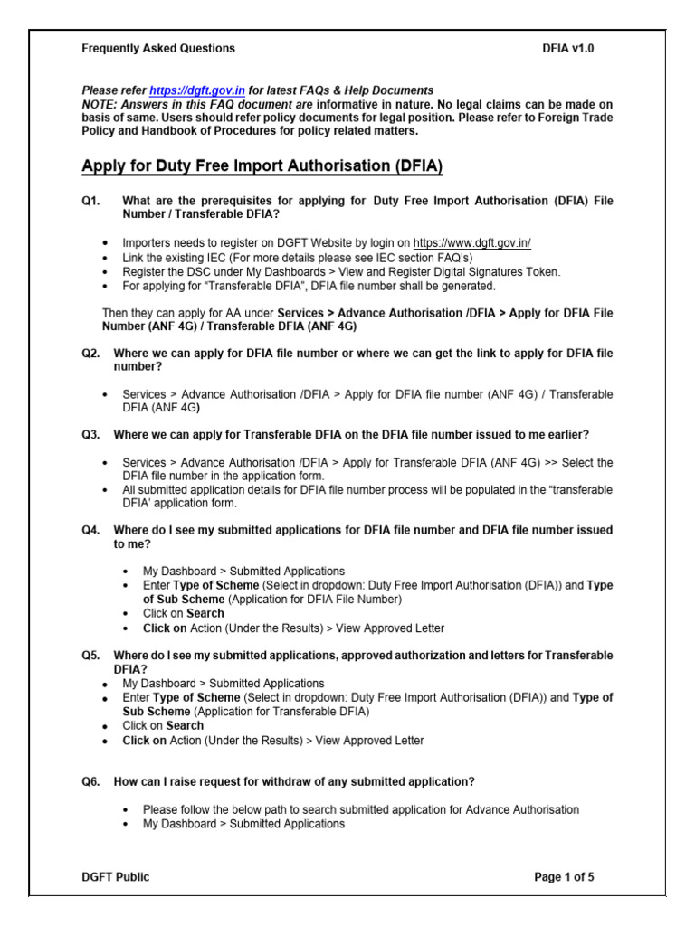 DGFT FAQs - Transferable DFIA v1.0 | PDF