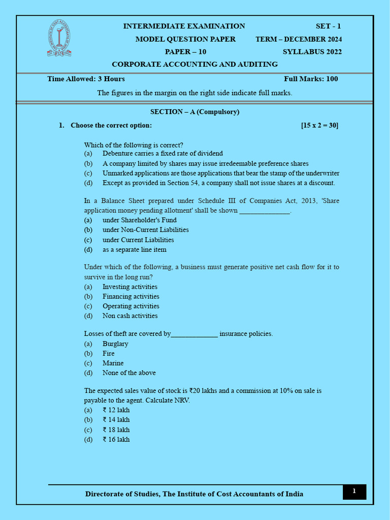 Paper10 Syl22 Dec24 Set1 | PDF | Audit | Goodwill (Accounting)