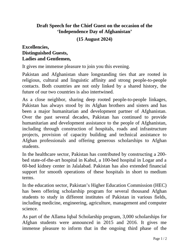Speech For Minister For Housing and Works On The Eve of Independence ...