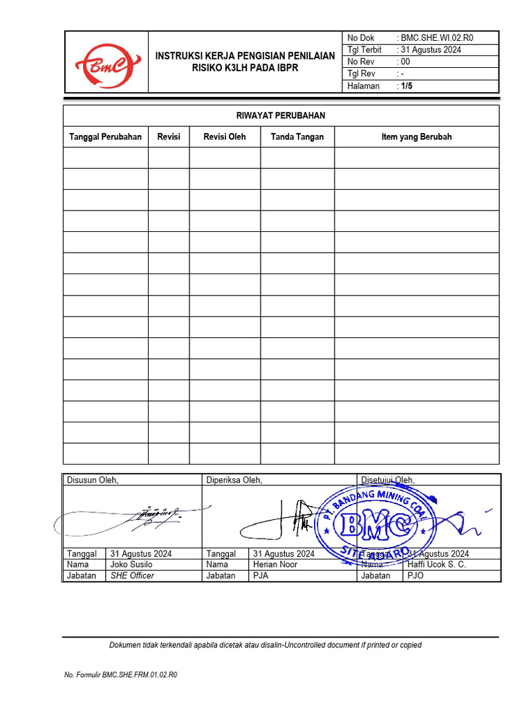 BMC - SHE.WI.02.R0 IK Pengisian Penilaian Risiko K3LH Pada IBPR - 2024 | PDF
