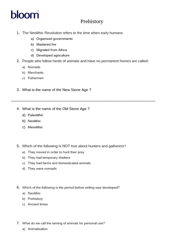 Prehistory Quiz | PDF