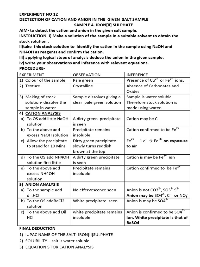 Cation and Anion Analysis of FeSO4 | PDF | Ion | Salt (Chemistry)