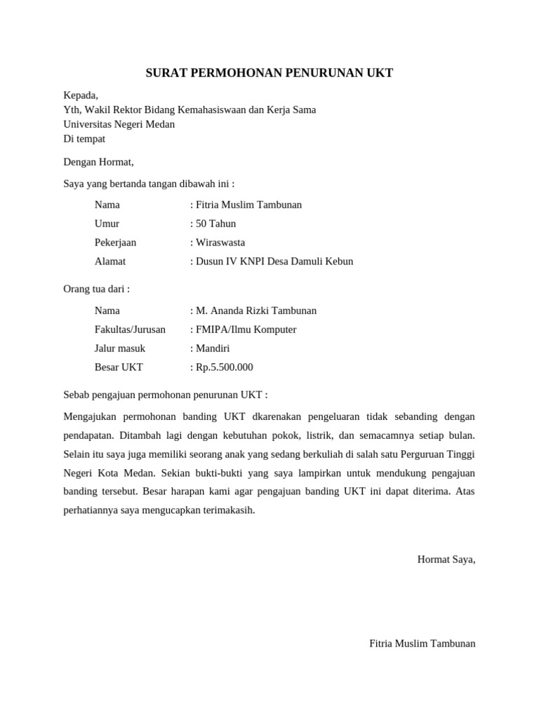 SURAT PERMOHONAN PENURUNAN UKT | PDF