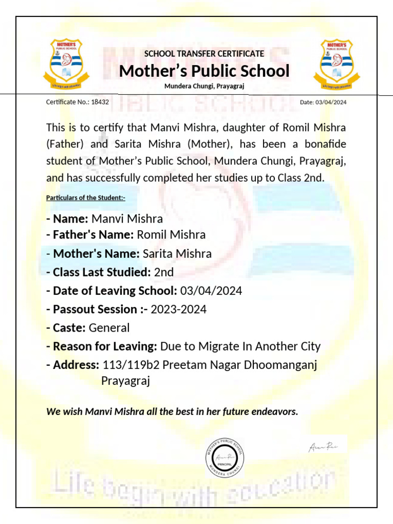 School Transfer Certificate Shobhit | PDF