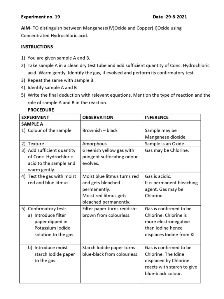 EXPT 9 HCL Mno2 Cuo PDF - 220804 - 180215 | PDF | Chlorine | Redox