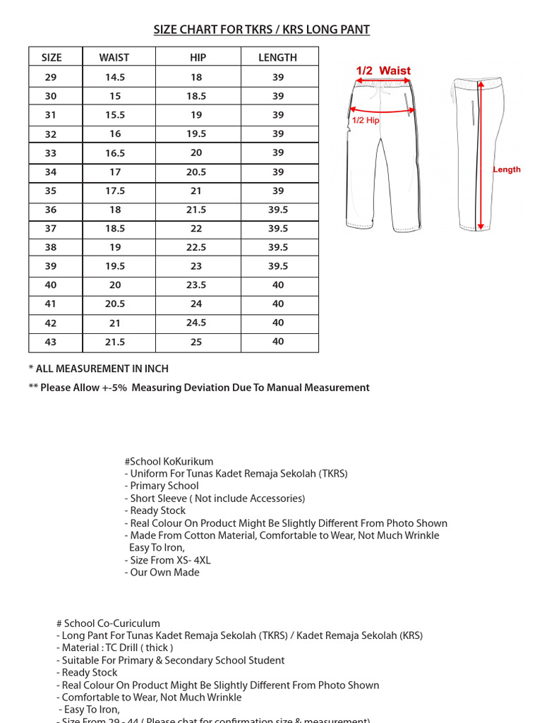 TKRS/KRS Long Pant Size Chart | PDF