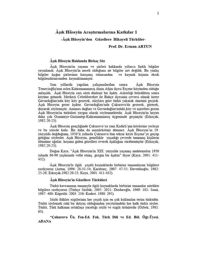 Erman Artun Asik Huseyin Arastirmalarina Katkilar 1 | PDF