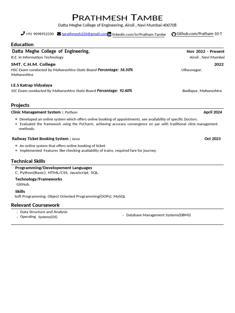 Prathmesh Tambe's Engineering Profile | PDF