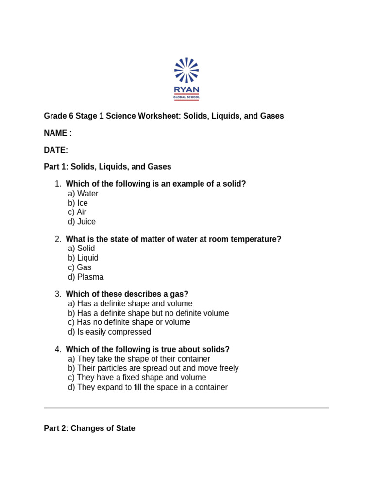 Grade 6 Science Worksheet - Solids, Liquids, and Gases | PDF