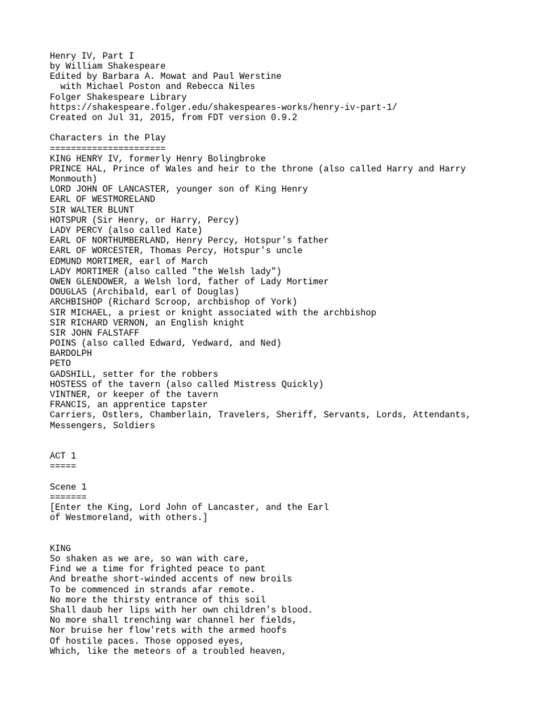 Henry IV Part 1 - TXT - FolgerShakespeare | PDF | Henry Iv, Part 1