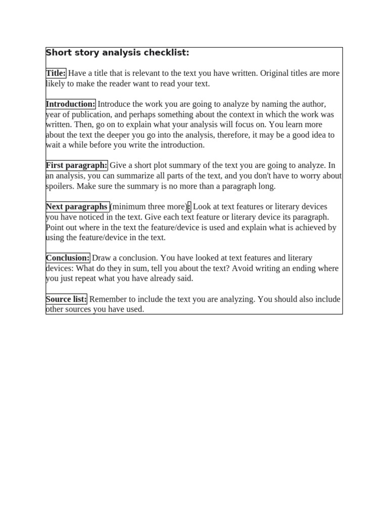 Short Story Analysis Checklist | PDF