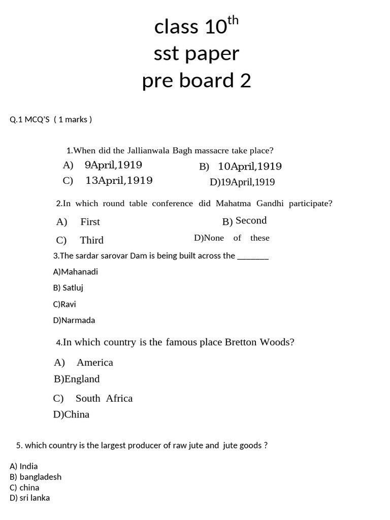 SST Class 10th Pre Board 2 Edited 2 | PDF