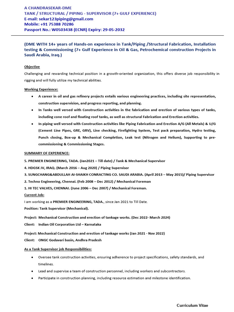 Chandru Tank - Piping Supervisor CV | PDF | Pipe (Fluid Conveyance)