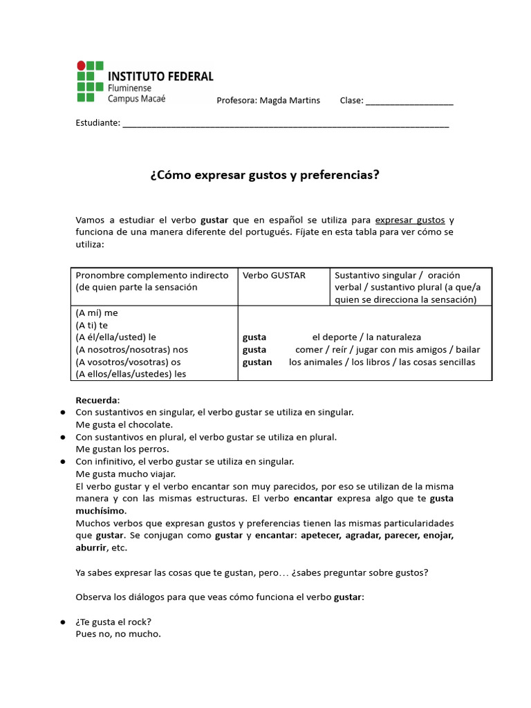 Verbo Gustar - Esp1 | PDF | Verbo | Plural