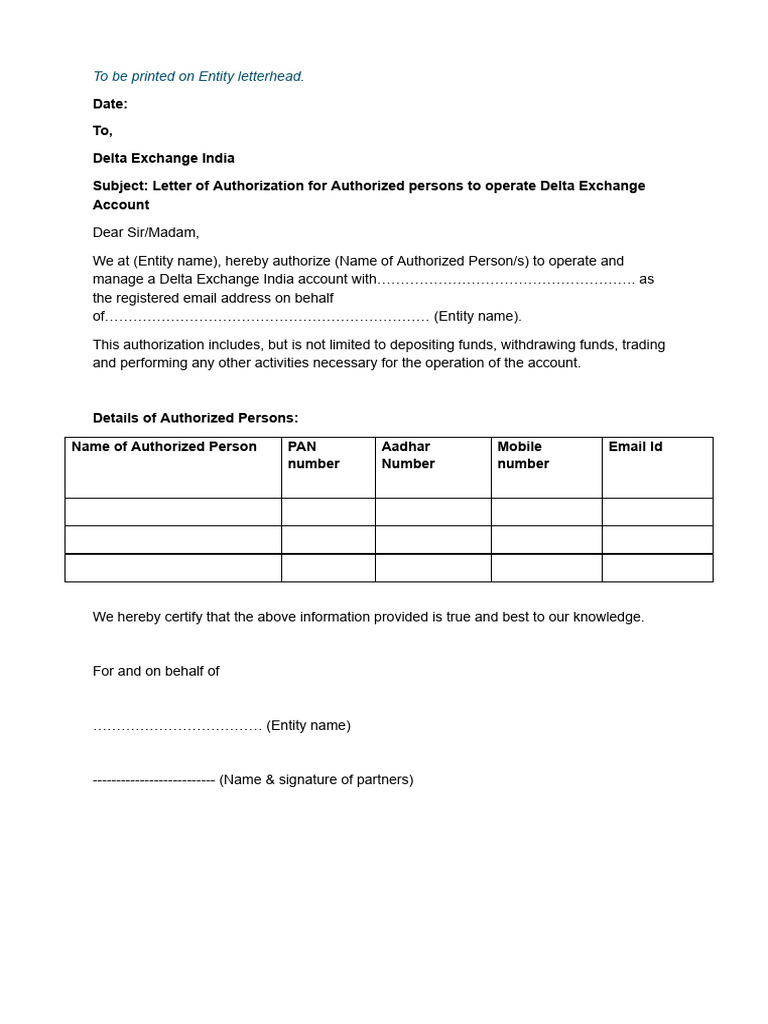 Authorization Letter for Delta Exchange Account | PDF