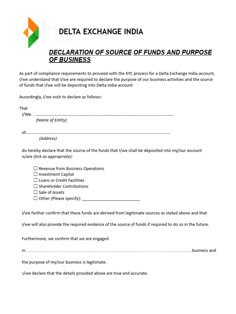Delta Exchange India Declaration of Source of Funds | PDF