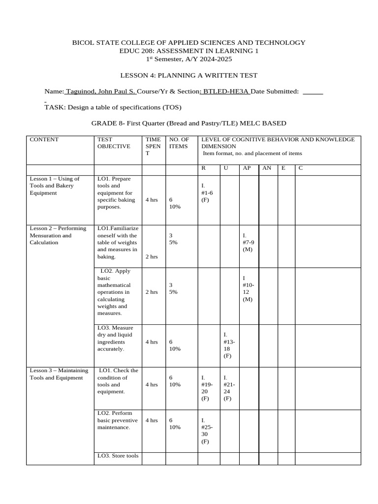 Tos Taguinod Revised | PDF | Baking | Cognition