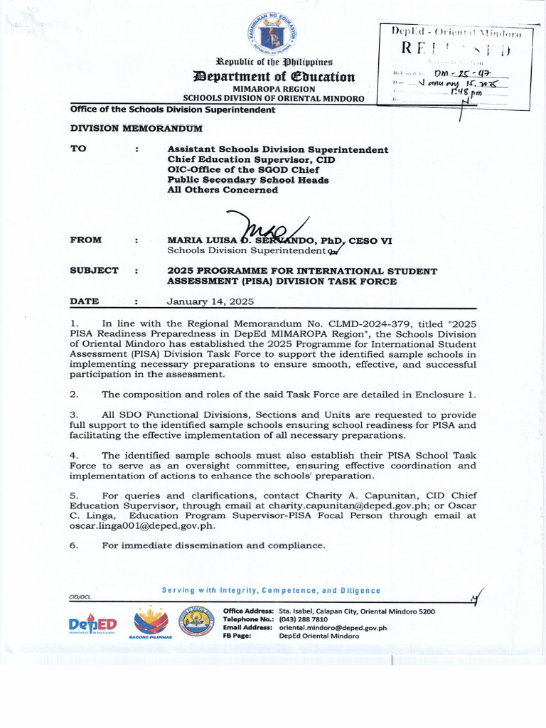 DM 2025 Program For International Student Assessment PISA Division Task Force | PDF