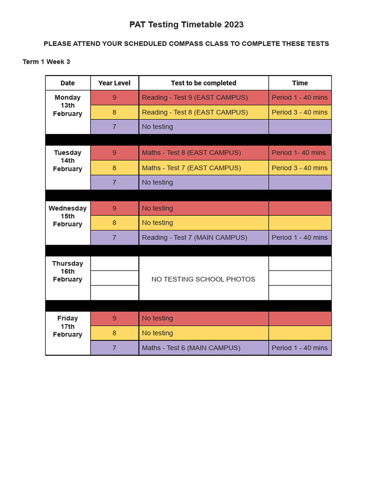 PAT Testing Timetable 2023 | PDF