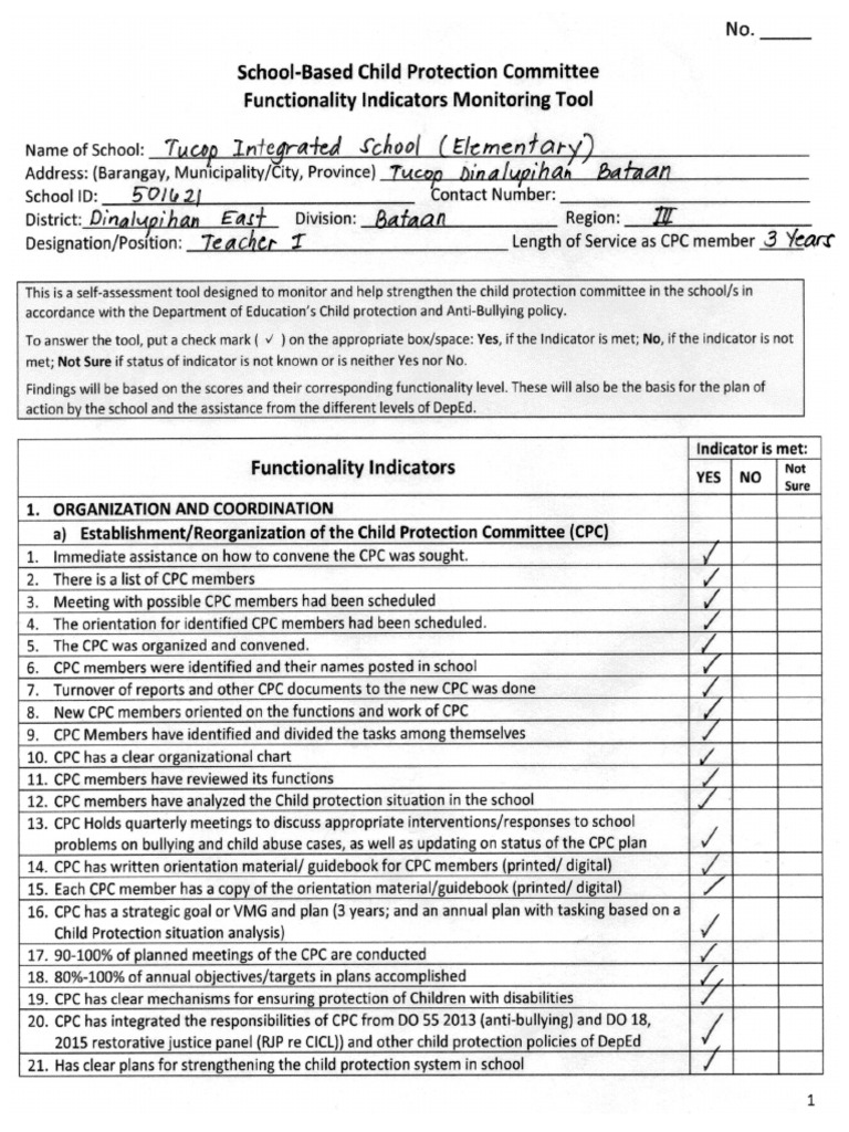 Tucop Integrated School (Elementary) - CPP Monitoring Tool | PDF