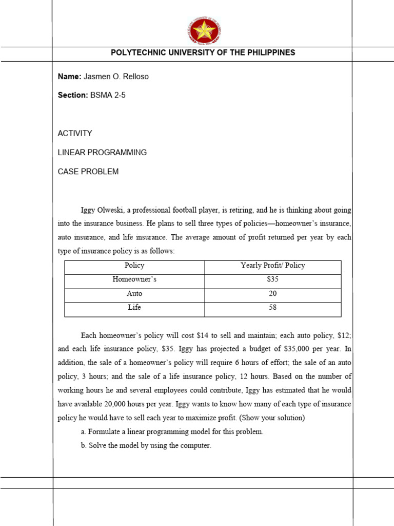 Activity Linear Programming Pdf Linear Programming Insurance