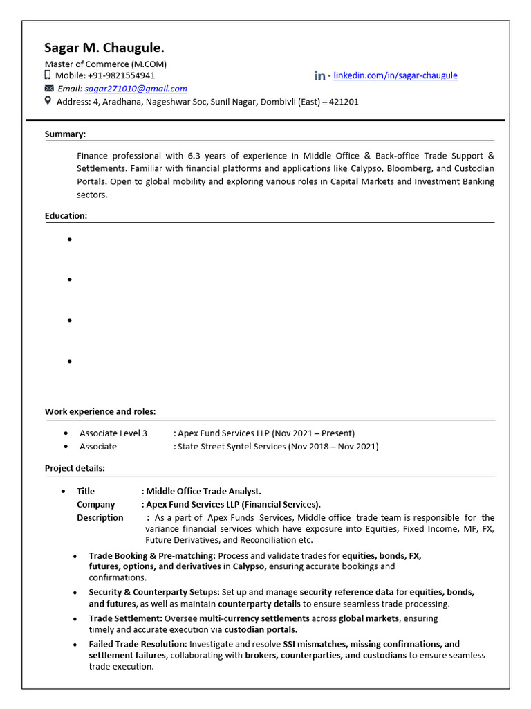 Sagar Chaugule - Profile - Updated | PDF | Securities (Finance) | Financial Markets