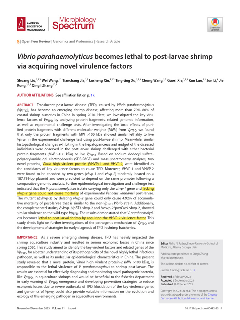 Vibrio Parahaemolyticus Becomes Lethal To Post-Larvae Shrimp Via ...
