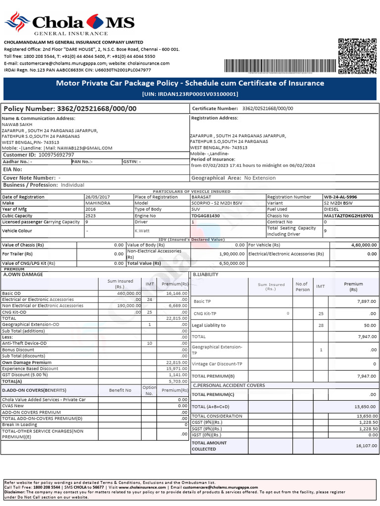Mahindra Scorpio Insurance Policy Details | PDF | Insurance | Liability ...