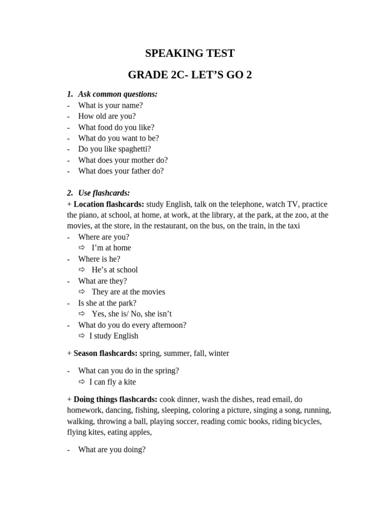 Grade 2C Speaking Test Guide | PDF