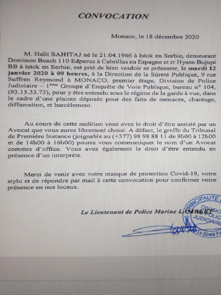Monaco Police Summons - Halit Sahitaj - 2020 | PDF