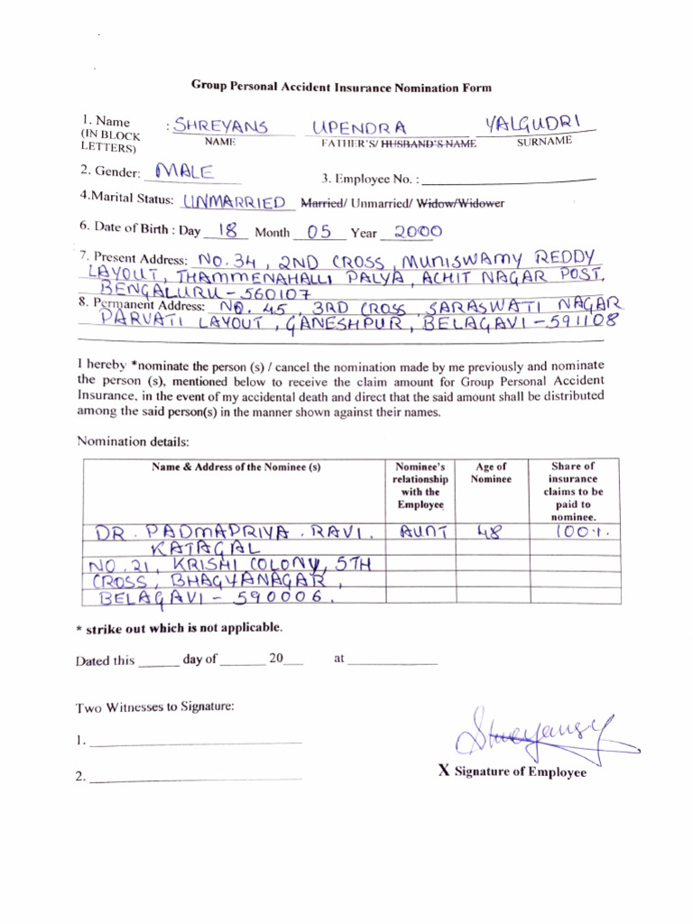 Group personal qccident insurance nomination form | PDF