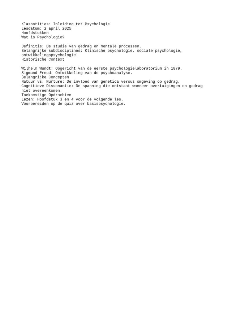 Klasnotities Inleiding Tot Psycholo | PDF