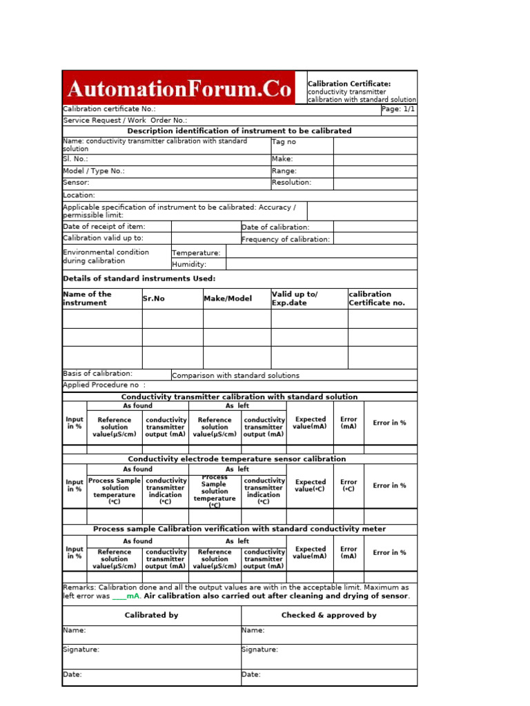 Conductivity Transmitter Calibration Report | PDF | Calibration | Sensor