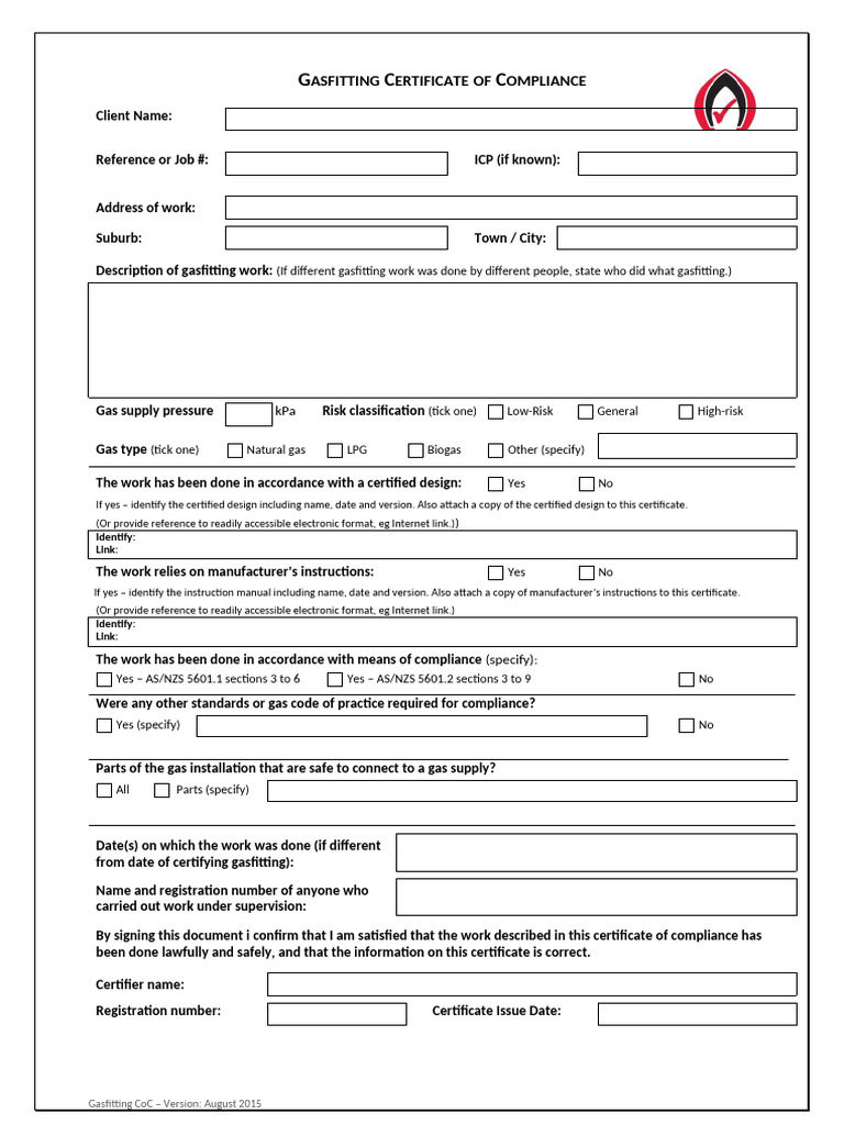 1817WKS 14 Gas Gasfitting Certificate of Compliance Word | PDF