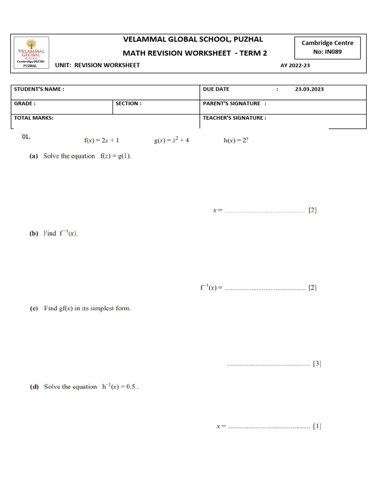 Term 2 Revision Worksheet - 01 | PDF