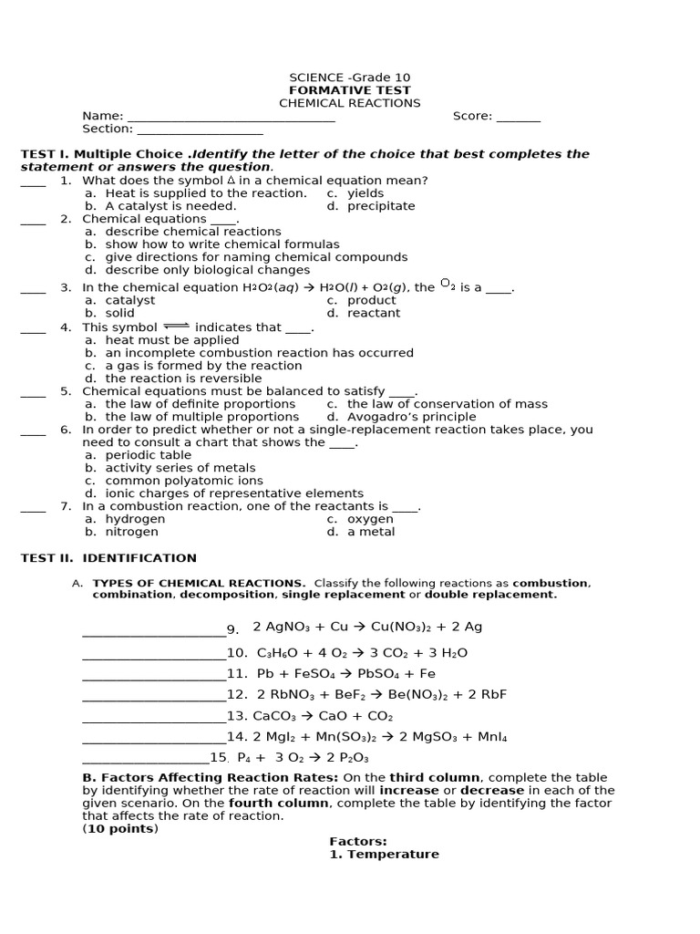 FORMATIVE TEST 1 - Chemical-Reactions With Answer Key | PDF | Chemical ...