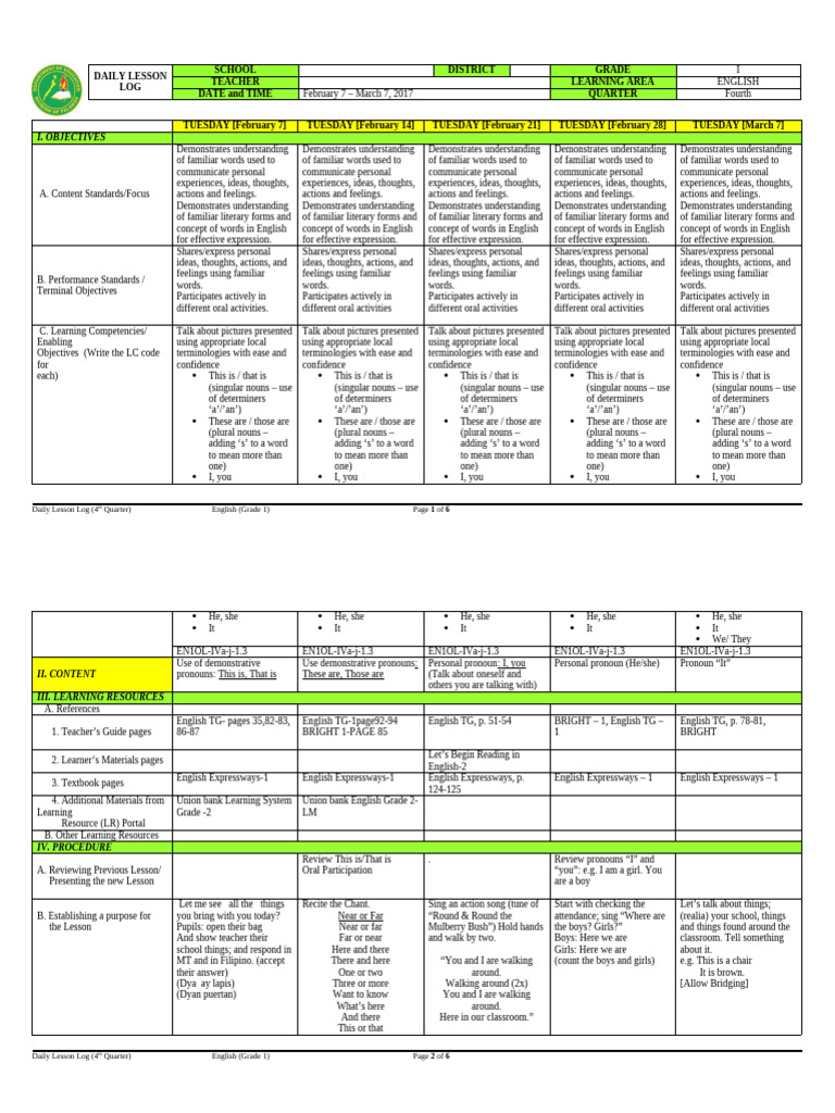 DLL English Grade1 Quarter4 OL | PDF | Plural | Grammatical Number