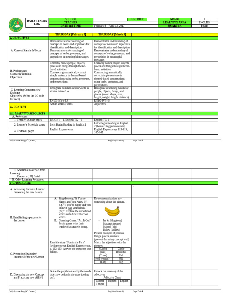 DLL English Grade1 Quarter4 | PDF | English Language | Verb