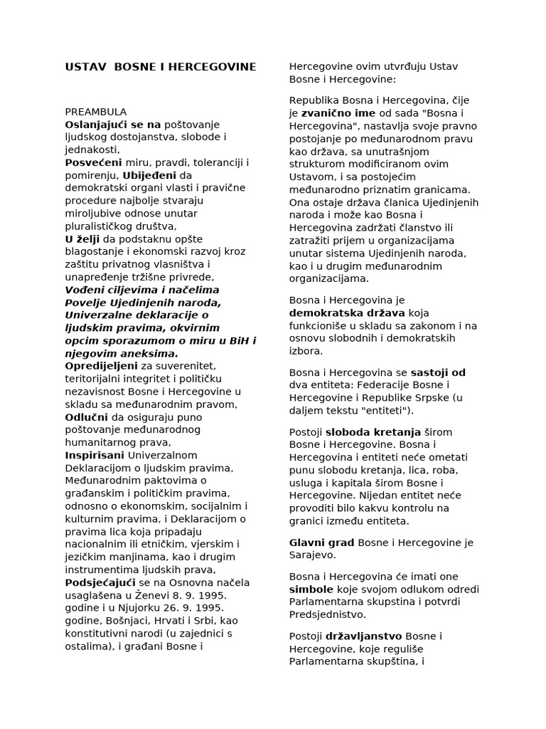USTAV BOSNE I HERCEGOVINE I FEDERACIJE | PDF
