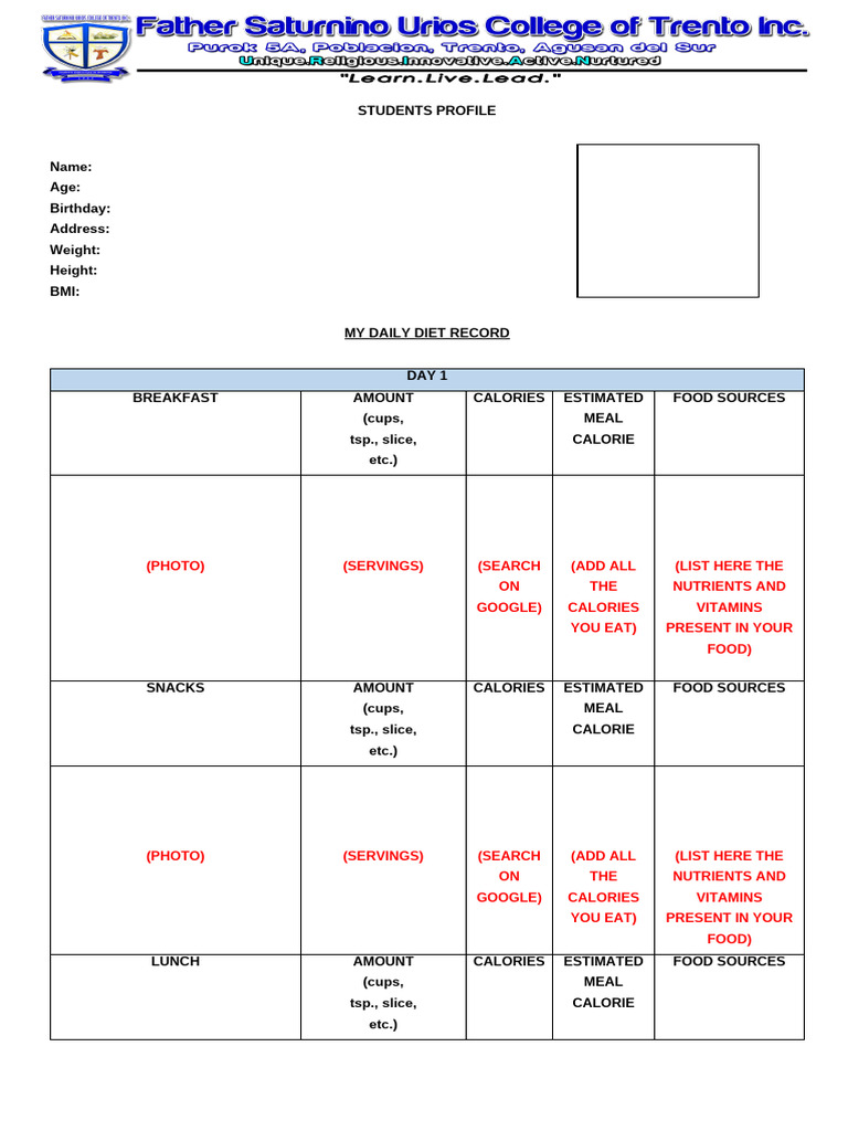 Student Daily Diet Tracker | PDF | Meal | Lunch