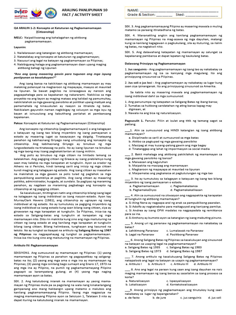 AP 10 Fact Activity Sheet Q4 Aralin 1 2 | PDF