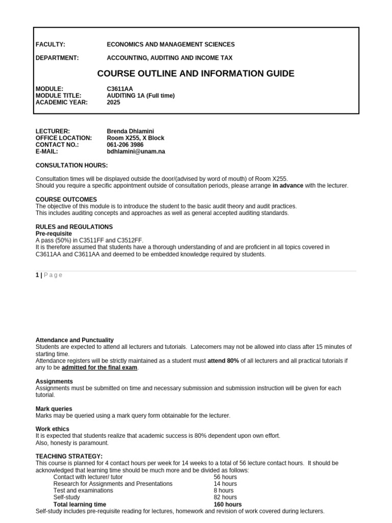 Course Outline - Auditing 1A - 2025 | PDF | Audit | Internal Control