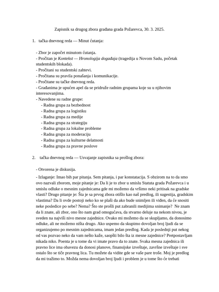 Zapisnik Zbora Pozarevca 30. 3. 2025 | PDF