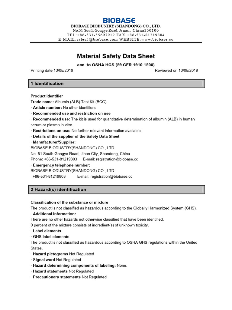 Albumin Test Kit (BCG) Safety Data Sheet | PDF | Occupational Safety ...