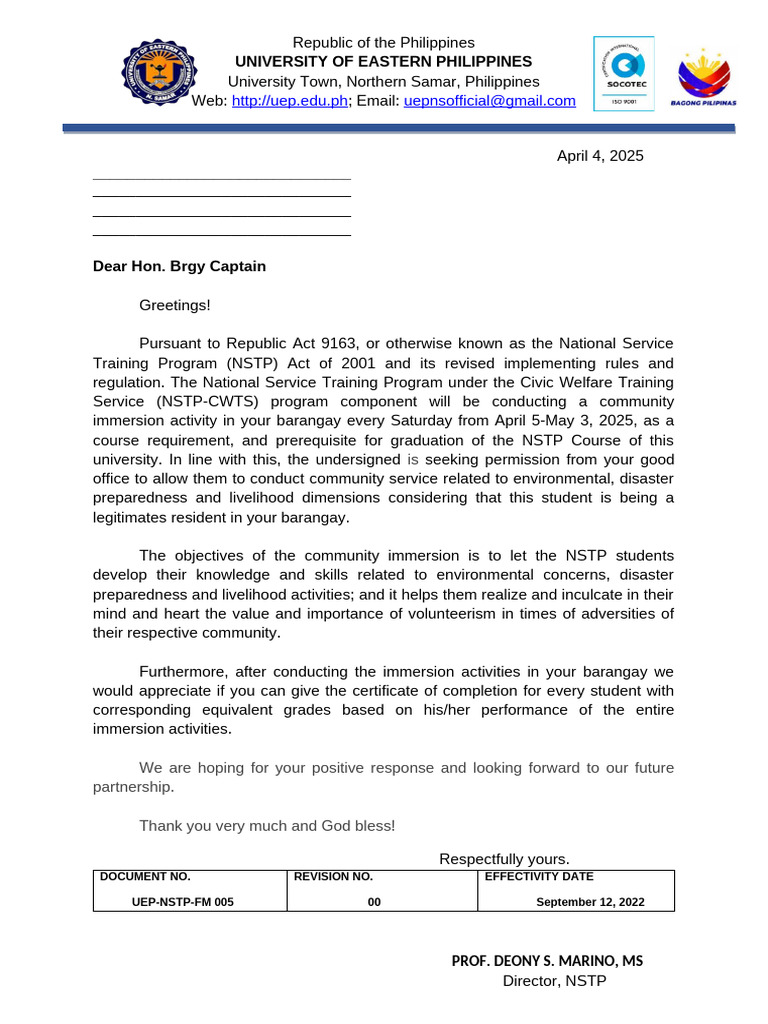 Letter For NSTP Immersion 1 | PDF
