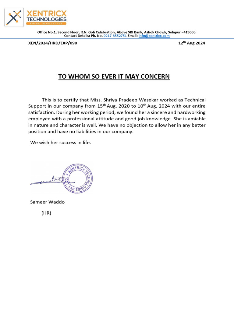 Employment Certificate for Shriya Wasekar | PDF