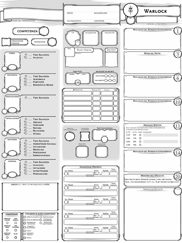Scheda Personaggio D&D Warlock 5e | PDF