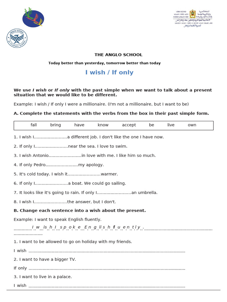 I Wish If Only Worksheet | PDF | Grammar | Linguistics