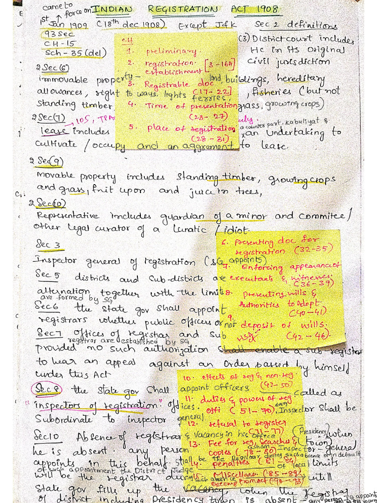 Registration Act 1908, Hand Written Notes PDF, Important Sec, Terms | PDF